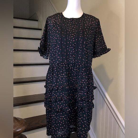 Topshop | Dresses | Topshop Black Dress W Rose Pattern Puff Sleeve Open ...